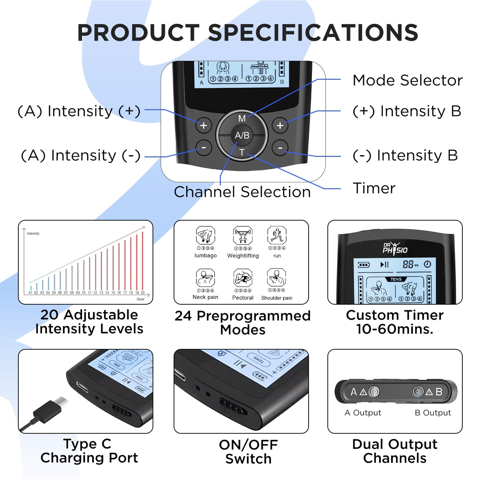 Dr Physio USA TENStar Massager Machine with TENS, EMS, Relax Modes for ...